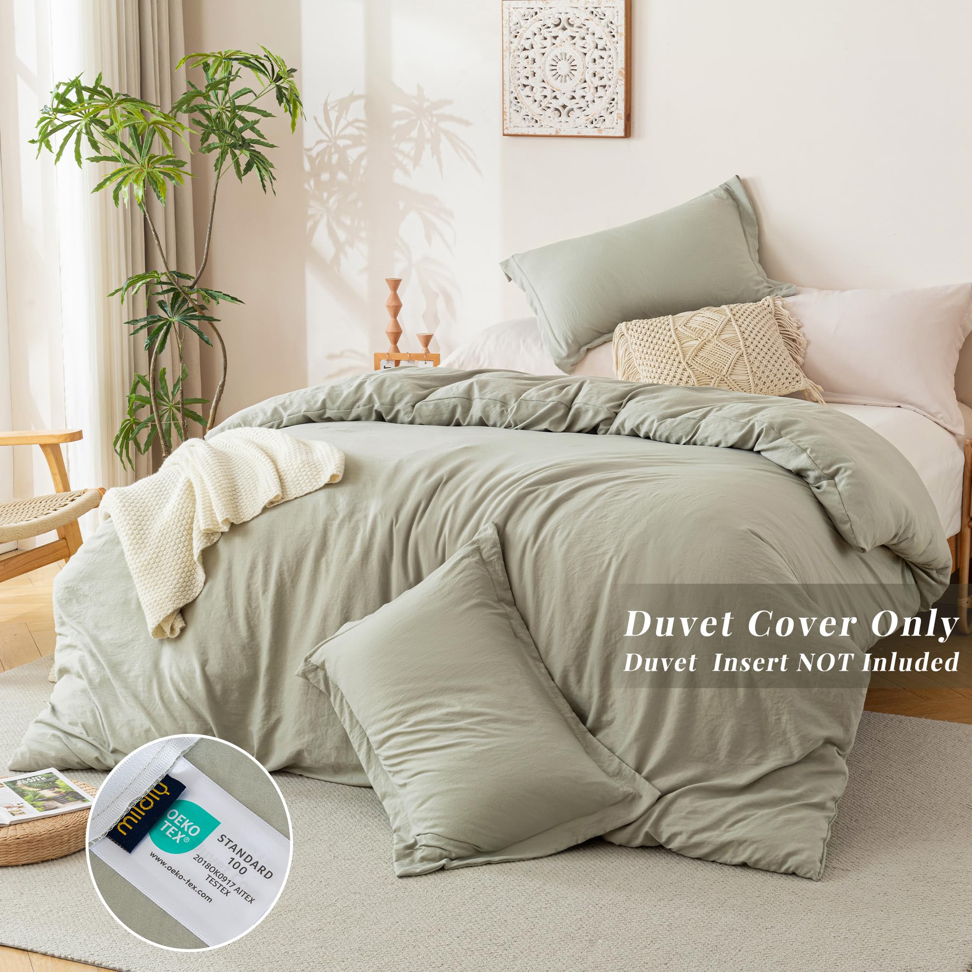 MILDLY Super Soft Duvet Cover - 100% Washed Microfiber October Mist Sage Comforter Cover Set 3 Pieces with Zipper Closure & Corner Ties (No Comforter)