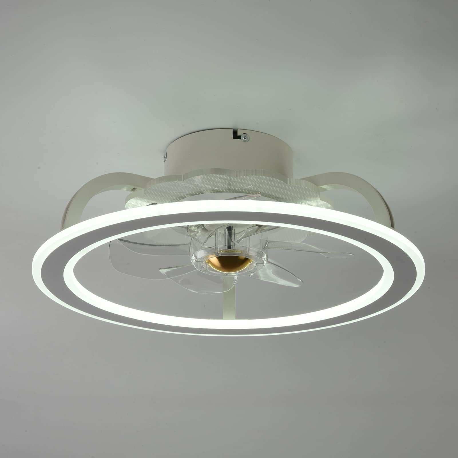 7000FAN Flush Mount Ceiling Fans with Lights Remote Control, Dimmable LED Light 6 Speed Enclosed Ceiling Fan, Low Profile Bladeless Ceiling Fan for Bedroom/Living Room/Small Space, White