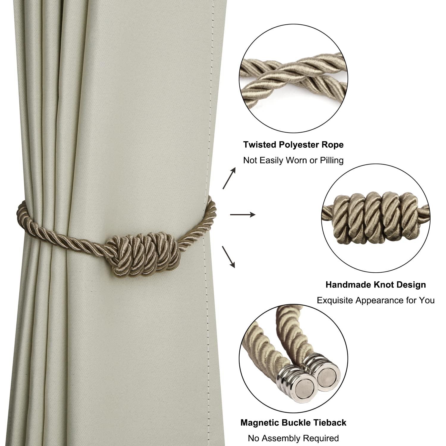 BEL AVENIR Magnetic Curtain Tiebacks, Decorative Drapery Holdbacks Modern Woven Tie-Backs with Exquisite Knot (Flaxen, 2 Pack)