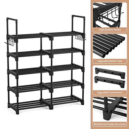 ROJASOP Shoe Rack Organizer for Closet Entryway, 20 Pairs 5-Tier Stackable Shoe Rack Storage Shelf for Hallway Bedroom Garage Dorm Free Standing Shoe Racks with Side Hooks Space Saving Shoe Rack