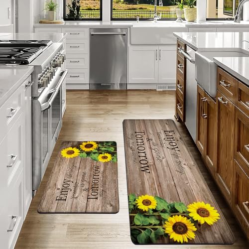 Yellow Sunflower Kitchen Rugs Farmhouse Kitchen Mats for Floor 2 Piece Anti Fatigue Kitchen Mat Set Thick Memory Foam Cushioned Kitchen Rug Set for Sink Laundry Room, 17.3x28+17.3x47 inch