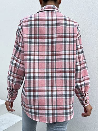 OYOANGLE Women's Plaid Long Sleeve Button Front Drop Shoulder Tunic Blouse Flannel Shirts Pink White L