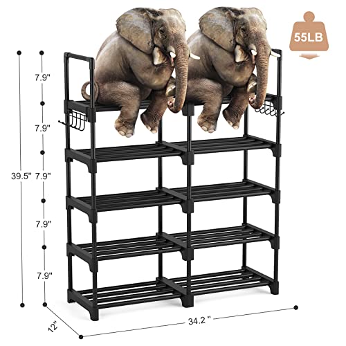 ROJASOP Shoe Rack Organizer for Closet Entryway, 20 Pairs 5-Tier Stackable Shoe Rack Storage Shelf for Hallway Bedroom Garage Dorm Free Standing Shoe Racks with Side Hooks Space Saving Shoe Rack