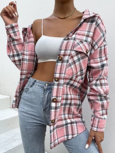 OYOANGLE Women's Plaid Long Sleeve Button Front Drop Shoulder Tunic Blouse Flannel Shirts Pink White L