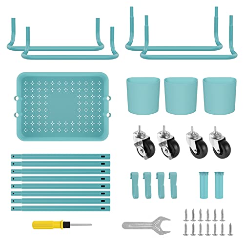 3-Tier Rolling Mobile Utility Cart with Hanging Cups & Hooks & Handle Multifunctional Organizer Storage Trolley Service Cart with Wheels Easy Assembly for Office, Bathroom, Kitchen (Blue)