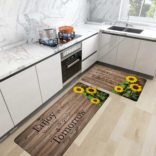 Yellow Sunflower Kitchen Rugs Farmhouse Kitchen Mats for Floor 2 Piece Anti Fatigue Kitchen Mat Set Thick Memory Foam Cushioned Kitchen Rug Set for Sink Laundry Room, 17.3x28+17.3x47 inch