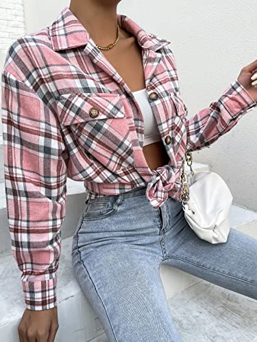 OYOANGLE Women's Plaid Long Sleeve Button Front Drop Shoulder Tunic Blouse Flannel Shirts Pink White L