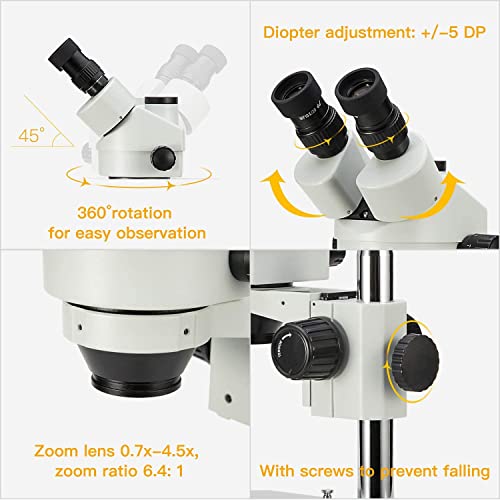 SWIFT Professional Trinocular Stereo Zoom Microscope,WF10X Eyepieces,3.5X-90X,0.7X-4.5X Zoom Objective,56-Bulb LED Ring Light, 0.5X 2.0X Barlow Lenses,Large Pillar-Style Table Stand