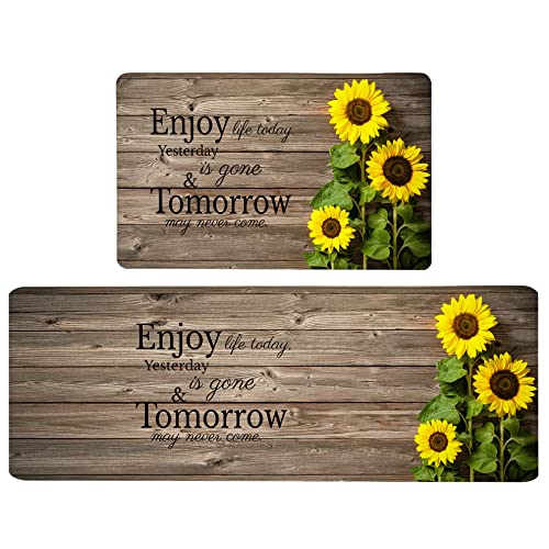 Yellow Sunflower Kitchen Rugs Farmhouse Kitchen Mats for Floor 2 Piece Anti Fatigue Kitchen Mat Set Thick Memory Foam Cushioned Kitchen Rug Set for Sink Laundry Room, 17.3x28+17.3x47 inch