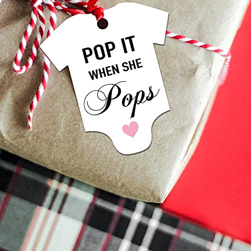 Pop It When She Pops Bottle Tags, Baby Shower Mini Champagne Beer Wine Bottle Tags, Baby Shower Favor Tags with 65 Feet Golden Ribbon, Pack of 50