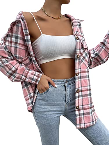 OYOANGLE Women's Plaid Long Sleeve Button Front Drop Shoulder Tunic Blouse Flannel Shirts Pink White L