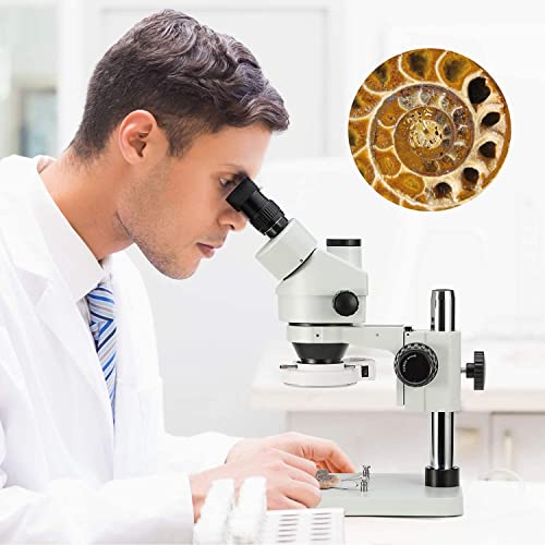 SWIFT Professional Trinocular Stereo Zoom Microscope,WF10X Eyepieces,3.5X-90X,0.7X-4.5X Zoom Objective,56-Bulb LED Ring Light, 0.5X 2.0X Barlow Lenses,Large Pillar-Style Table Stand