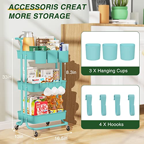 3-Tier Rolling Mobile Utility Cart with Hanging Cups & Hooks & Handle Multifunctional Organizer Storage Trolley Service Cart with Wheels Easy Assembly for Office, Bathroom, Kitchen (Blue)