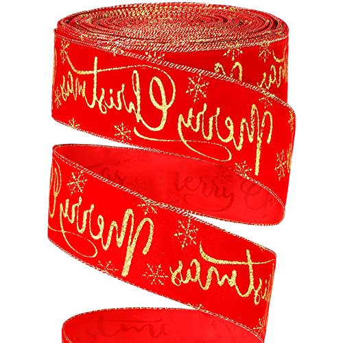 50 Yards Merry Christmas Wired Ribbon 2.5 Inch Wide, Christmas Velvet Candy Wrapping Ribbon, Gold Trim Wrapping Ribbon Roll for Christmas Party Gift Decoration Craft Wreath Bow Making (Red)