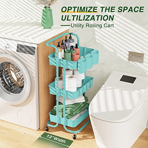 3-Tier Rolling Mobile Utility Cart with Hanging Cups & Hooks & Handle Multifunctional Organizer Storage Trolley Service Cart with Wheels Easy Assembly for Office, Bathroom, Kitchen (Blue)
