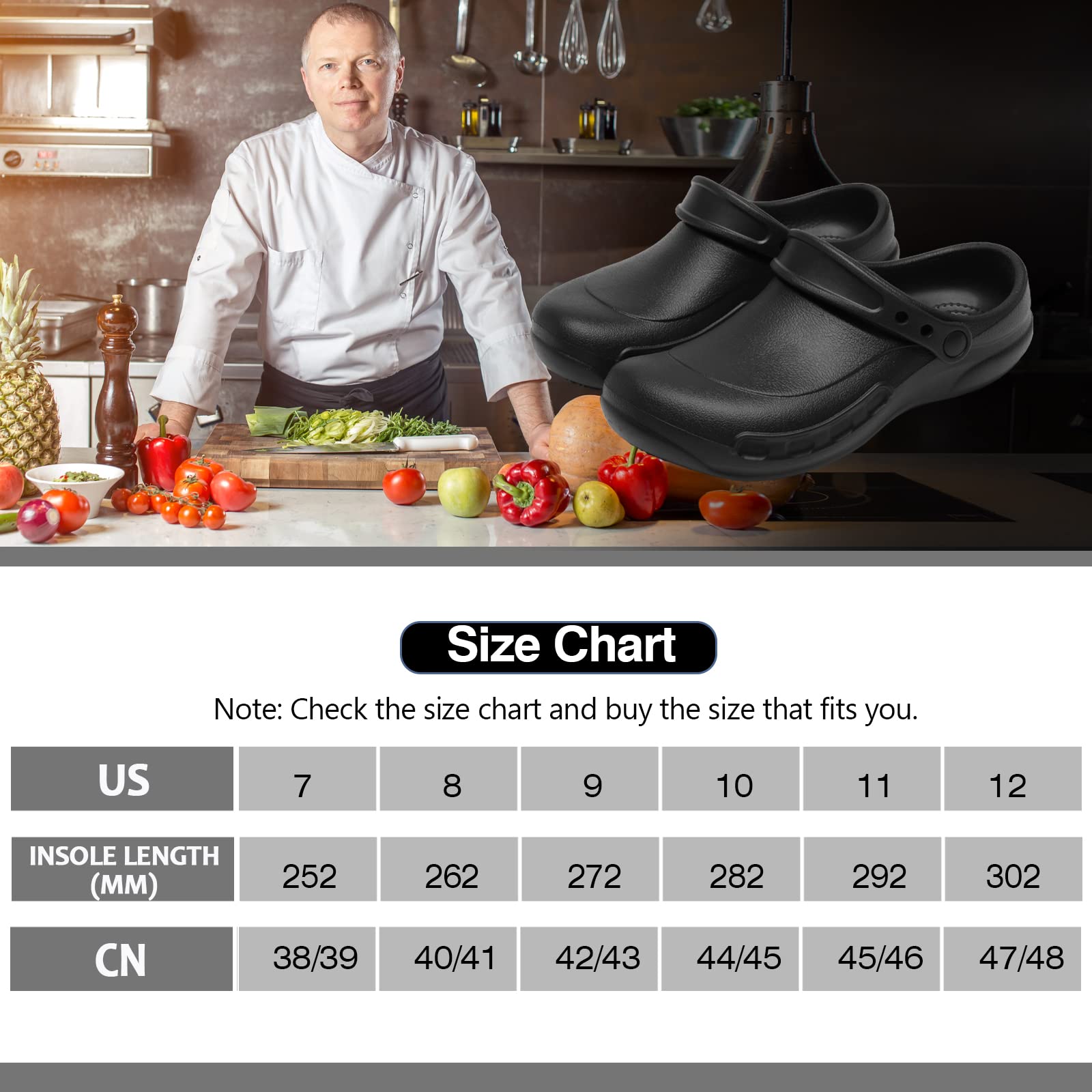 Unisex Chef Shoes Zapatos de cocina para Hombre Slip Resistant Non Slip Work Shoes Nursing Closed Toe Clogs Waterproof Men Kitchen Black/Size12