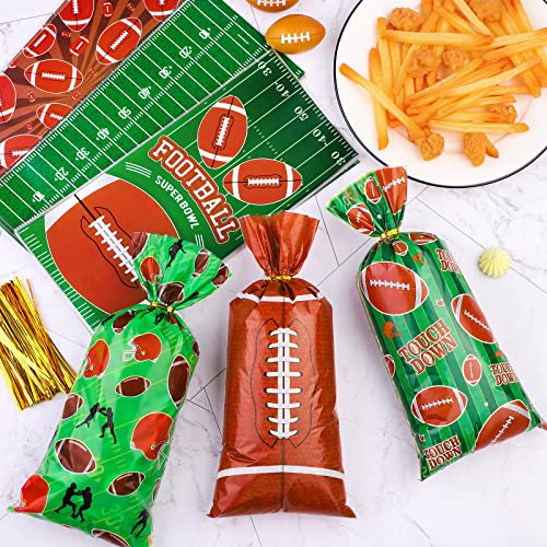MIMIND 120 Pieces Super Bowl Football Cellophane Bags Super Bowl Heat Sealable Football Field Treat Bags with Gold Twist Ties for Football Party Decors, Sport Party Supplies, Team Gift, 6 Styles