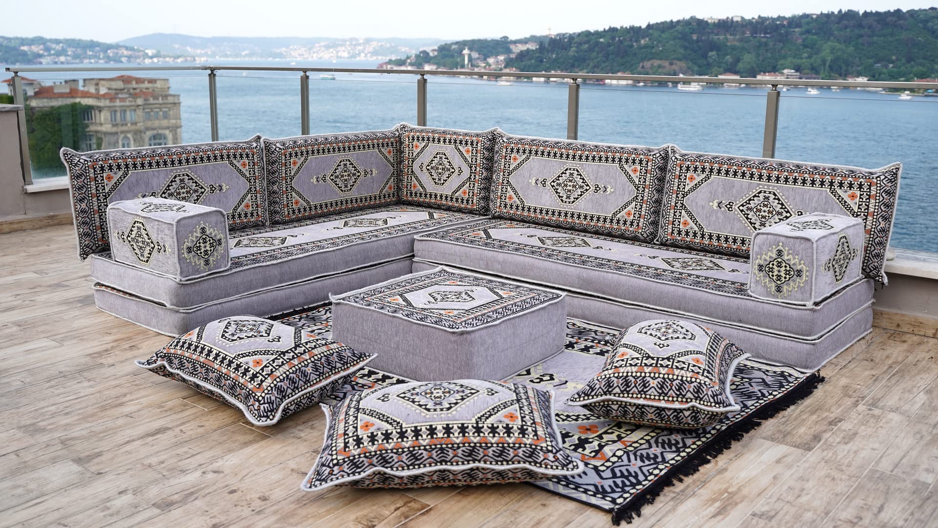 Gray L Shaped Arabic Sofa Set, Floor Couch, Sectional Sofas, Arabic Majlis, Turkish Rug, Couch Covers for 3, Sofa Bed, Poufs (L Sofa Full Set)