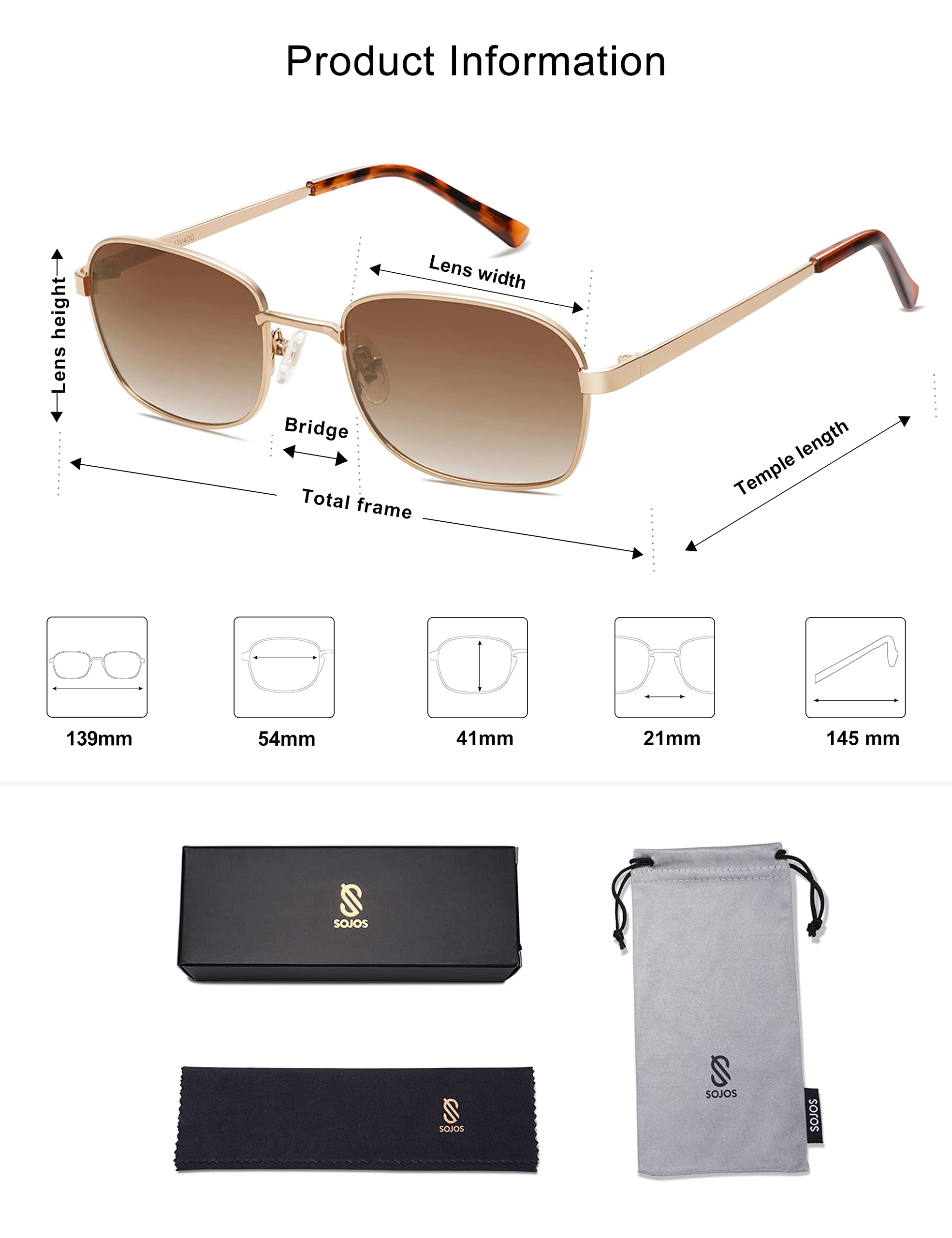 SOJOS Retro Rectangle Polarized Sunglasses for Women and Men,Vintage Narrow Square Womens Shades SJ1177 Gold Brown Grading