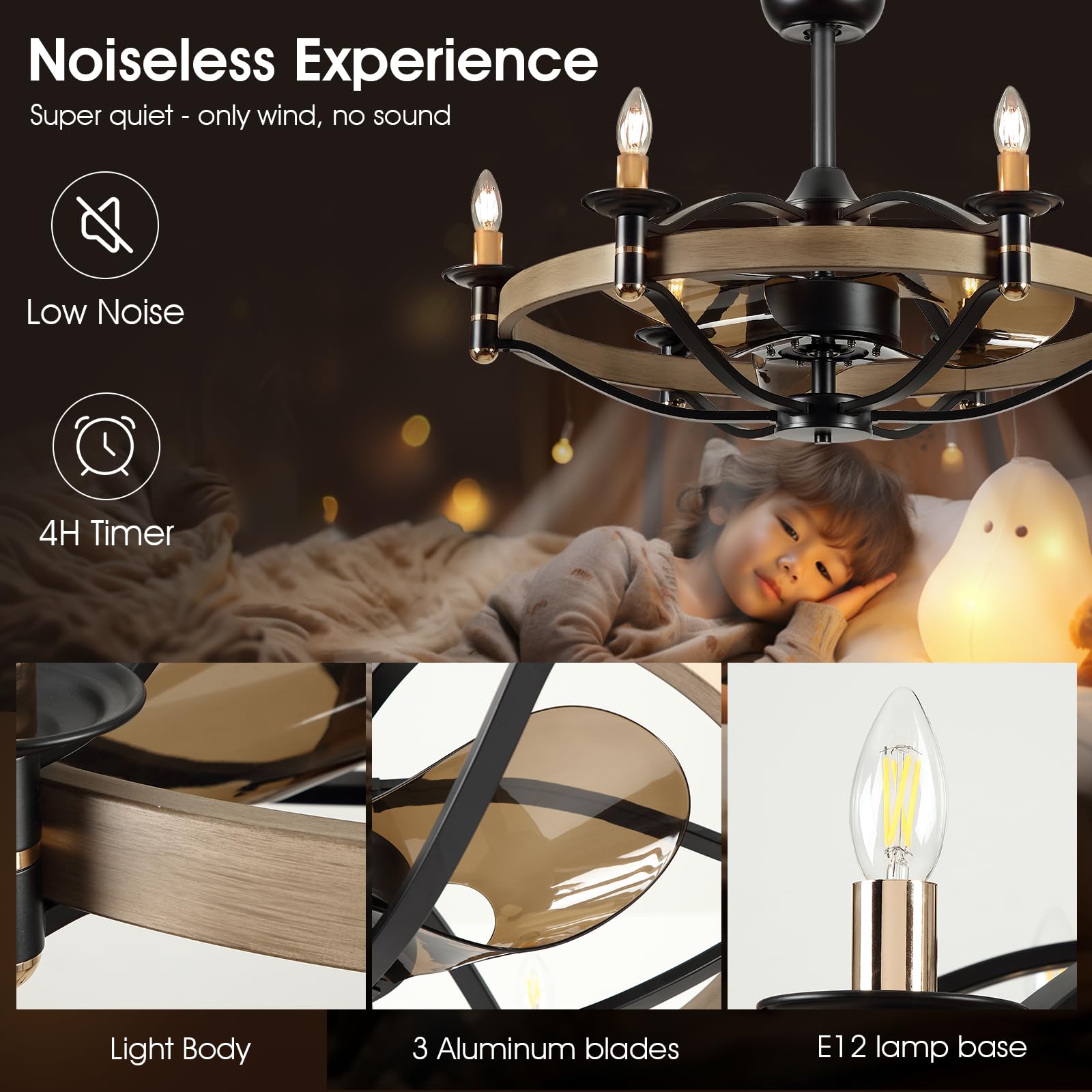 MADSHNE 32" Caged Ceiling Fans with Lights and Remote, Modern Farmhouse Fan Light for Living Room,Black Rustic Chandelier Candles,Reversible(Bulbs Included)