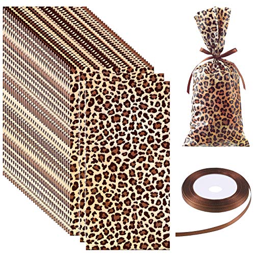 100 Pieces Leopard Print Treat Bags Leopard Candy Bags Easy to Seal Animal Print Cellophane Cookie Bags with 1 Roll Brown Fabric Ribbon for Zoo or Jungle Party Supplies