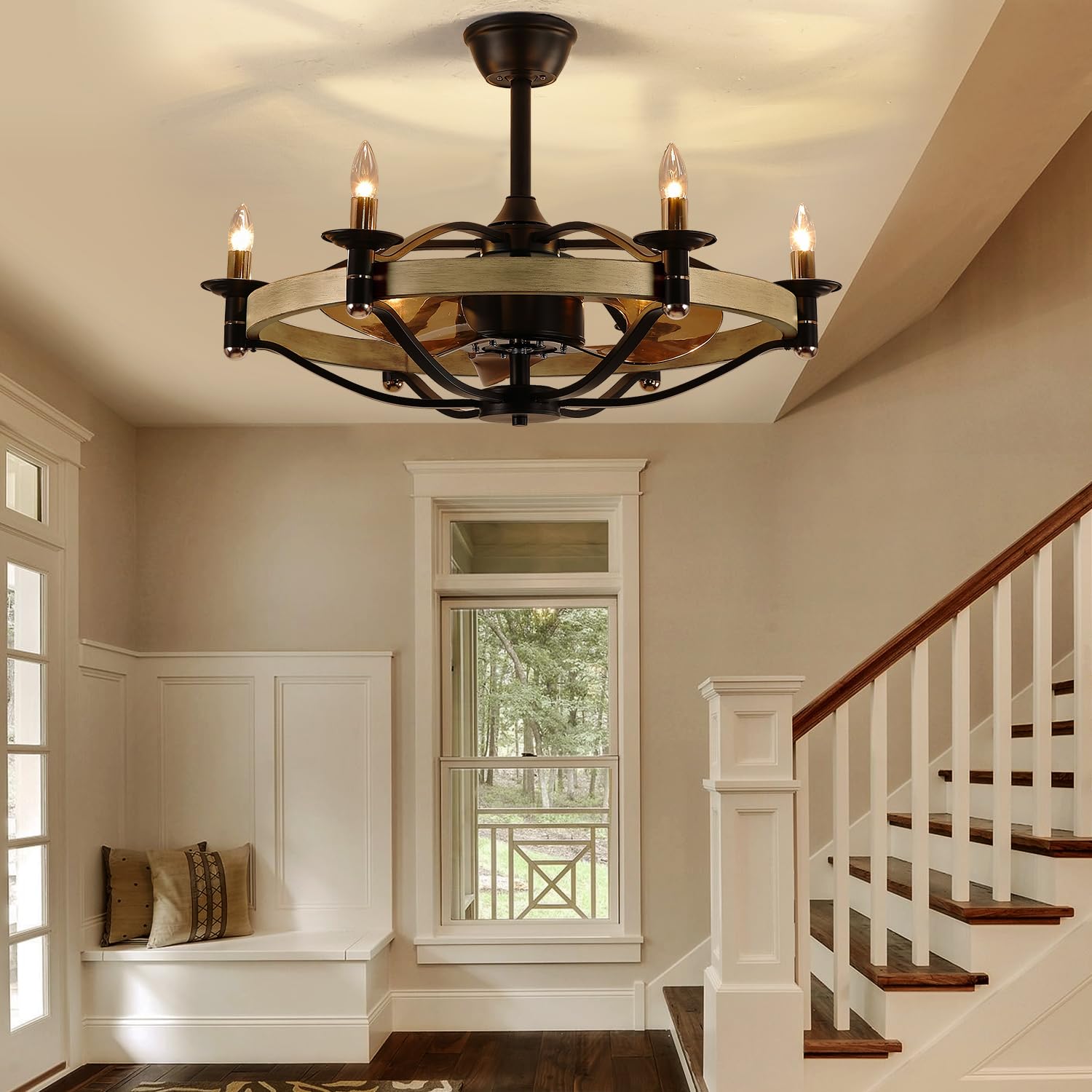 MADSHNE 32" Caged Ceiling Fans with Lights and Remote, Modern Farmhouse Fan Light for Living Room,Black Rustic Chandelier Candles,Reversible(Bulbs Included)