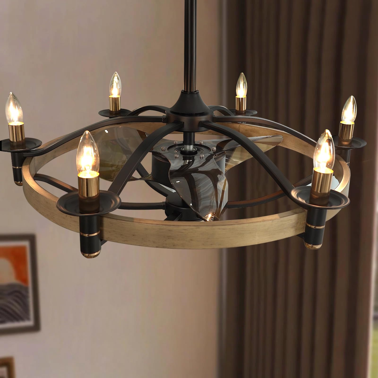 MADSHNE 32" Caged Ceiling Fans with Lights and Remote, Modern Farmhouse Fan Light for Living Room,Black Rustic Chandelier Candles,Reversible(Bulbs Included)