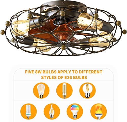 Ceviept Caged Ceiling Fans with Lights and Remote Control, Flush Mount Ceiling Fan with Light, Include Bulbs 6 Speeds Reversible Blades, Low Profile Ceiling Fan, Farmhouse Modern Lighting Fan-Black