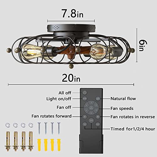 Ceviept Caged Ceiling Fans with Lights and Remote Control, Flush Mount Ceiling Fan with Light, Include Bulbs 6 Speeds Reversible Blades, Low Profile Ceiling Fan, Farmhouse Modern Lighting Fan-Black