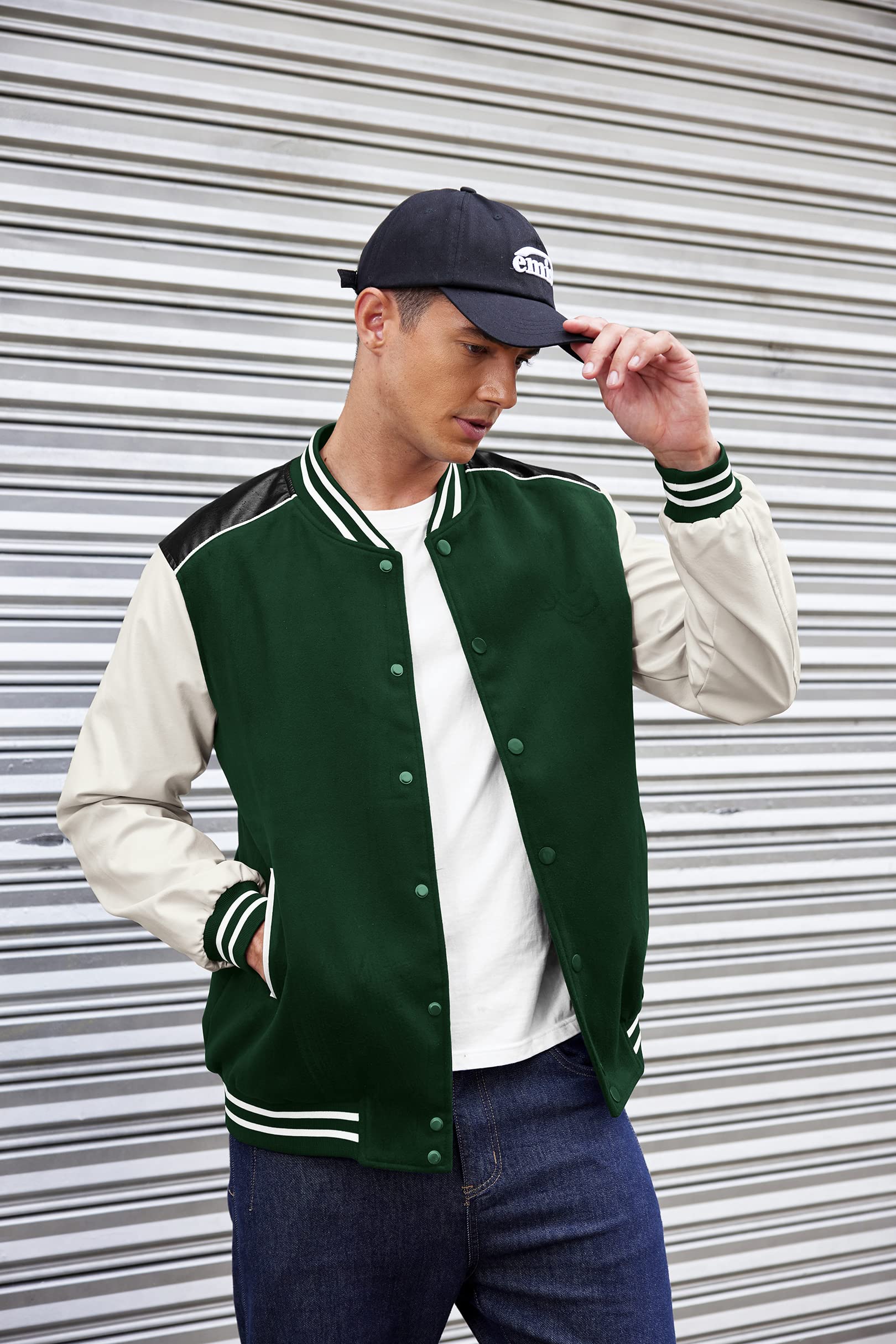 COOFANDY Mens Letterman Jackets Unisex Baseball Bomber Jacket Wool Faux Leather Coats Outwear Green Fall Jacket