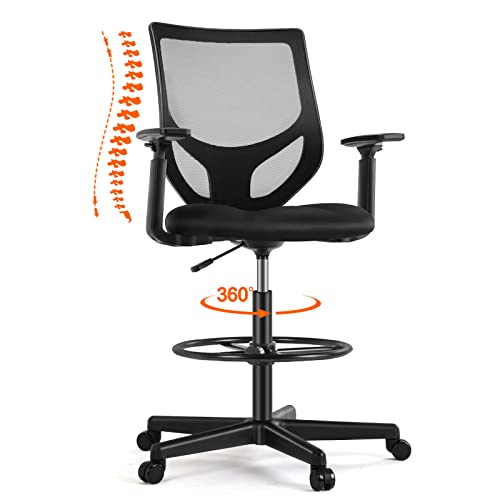 AFO Drafting Mid-Back Mesh Tall Office Stool Chairs with Armrest Adjustable Foot Ring for Standing Desk, Black