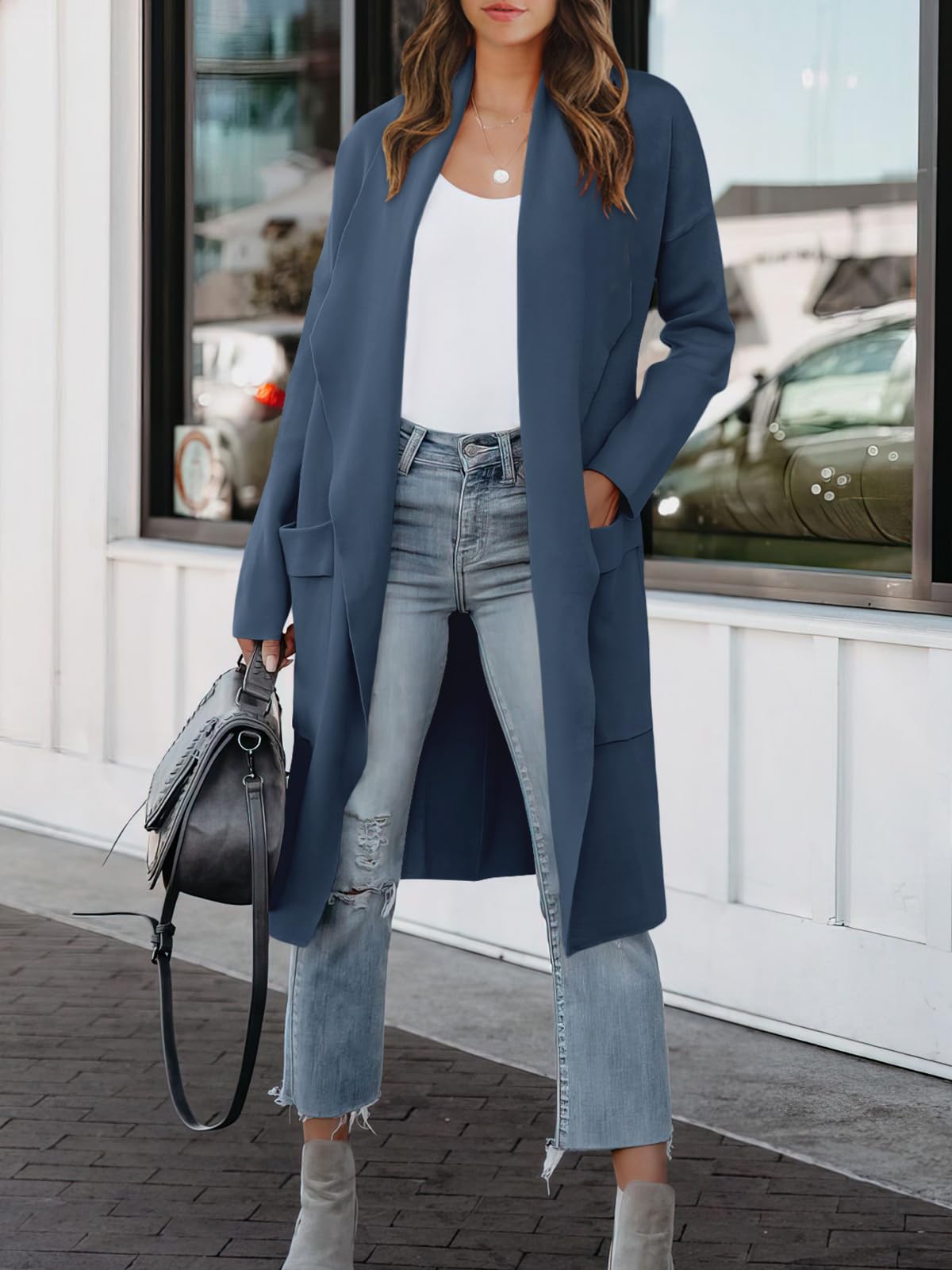 ANRABESS Women's Long Cardigan Sweater 2025 Fall Fashion Casual Oversized Knit Open Front Coatigan Jacket Coat Trendy Outfits Deep Blue Small