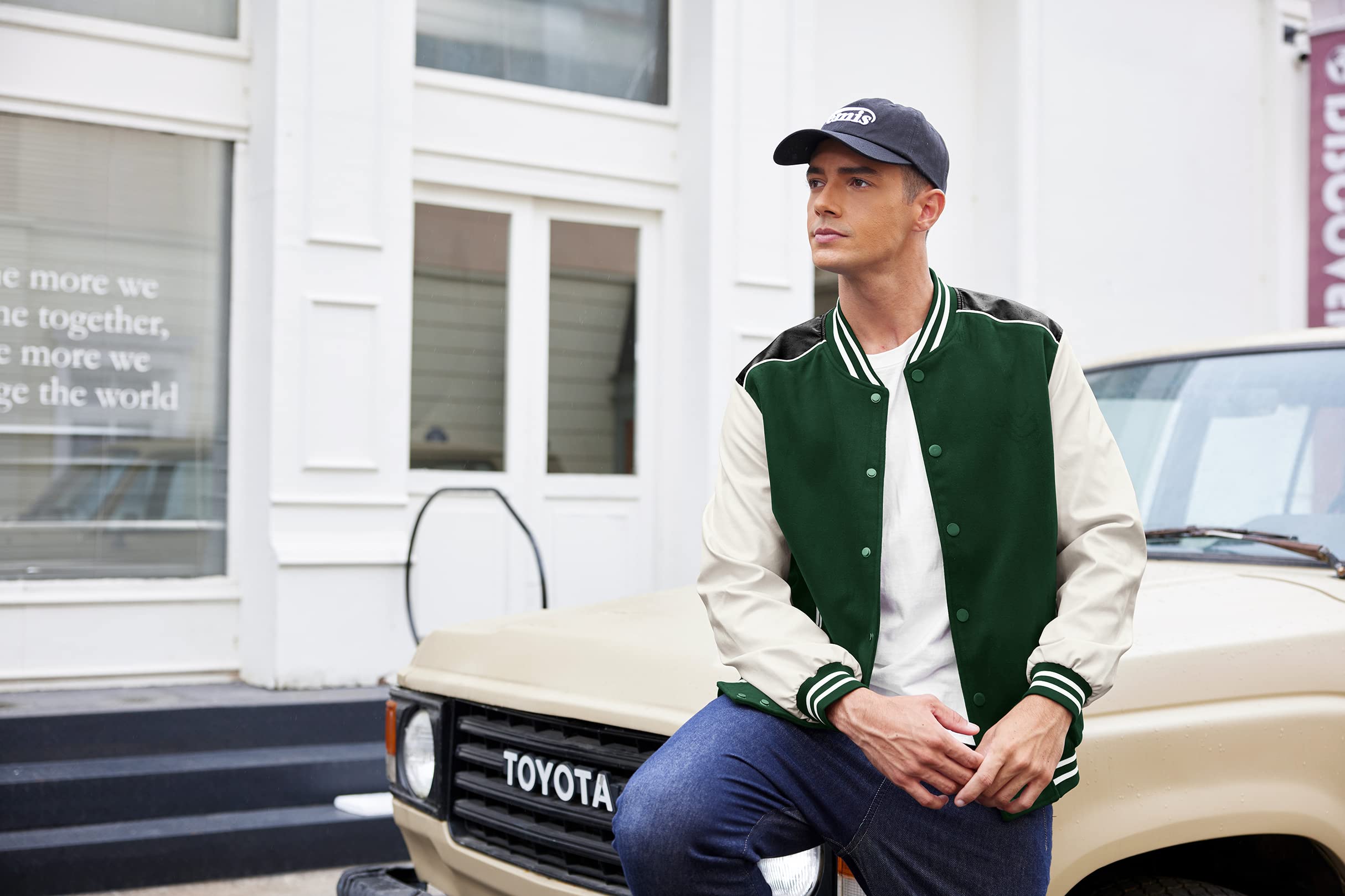 COOFANDY Mens Letterman Jackets Unisex Baseball Bomber Jacket Wool Faux Leather Coats Outwear Green Fall Jacket