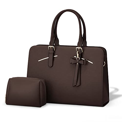 TOPDesign Laptop Bag for Women, Waterproof PU Leather Work Briefcase fits 15.6 Inch Computer, Large Tote Messenger Shoulder Bag, Stylish Business Purse Handbag Satchel (Brown)