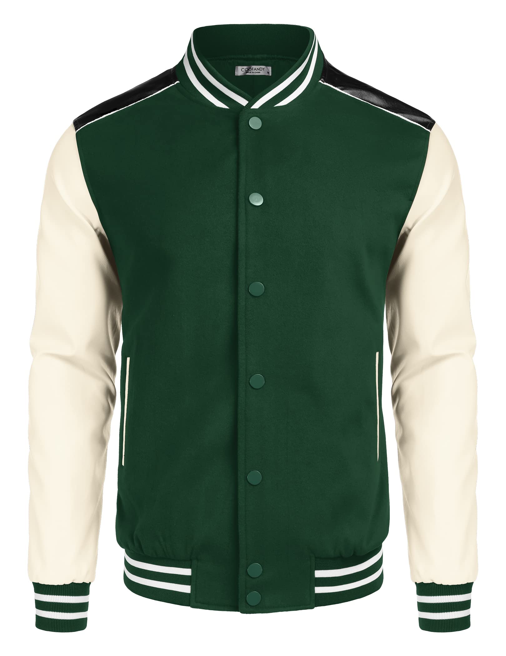COOFANDY Mens Letterman Jackets Unisex Baseball Bomber Jacket Wool Faux Leather Coats Outwear Green Fall Jacket