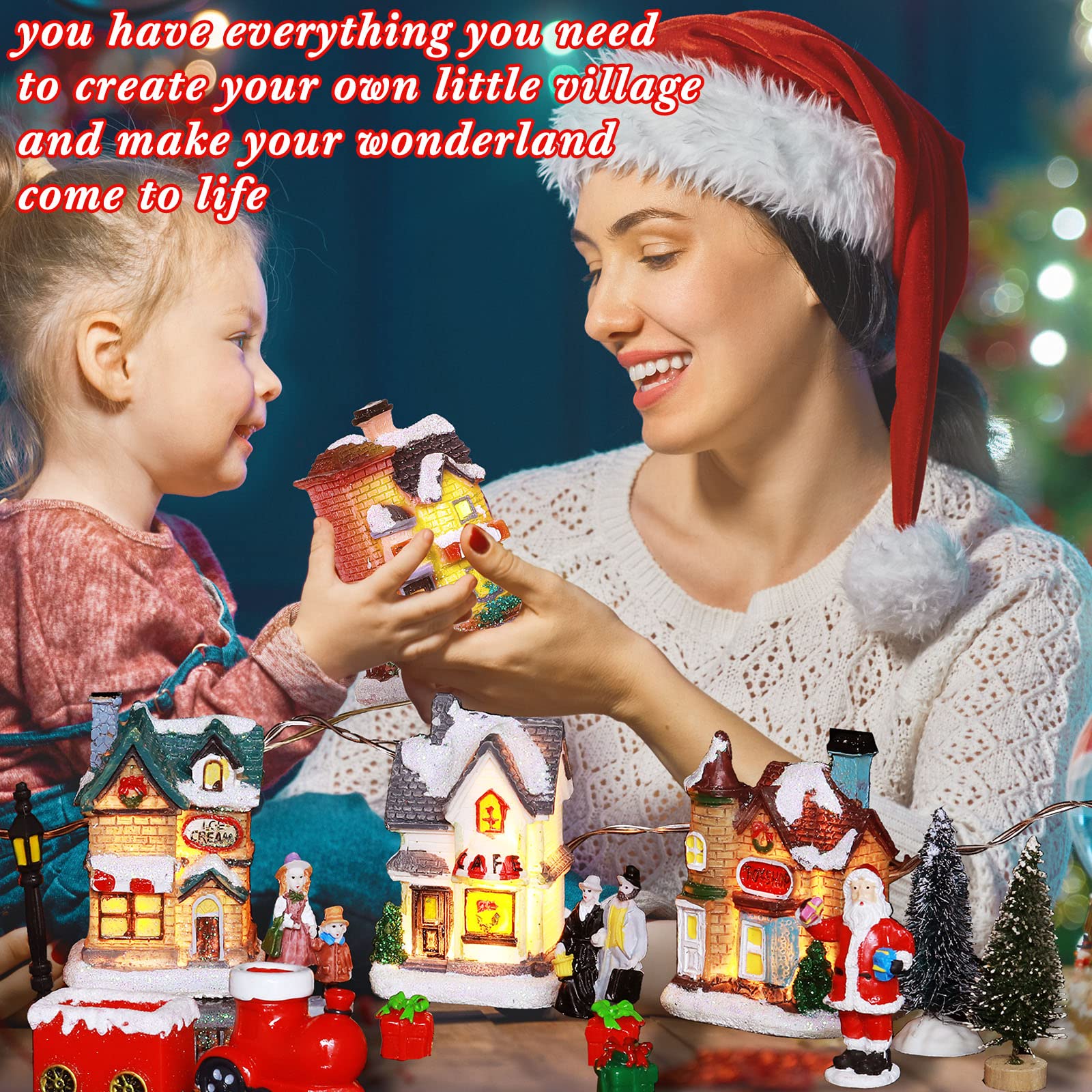 Yerliker Christmas Village Set LED Lights Houses with Figurines Battery Operated TZ0346