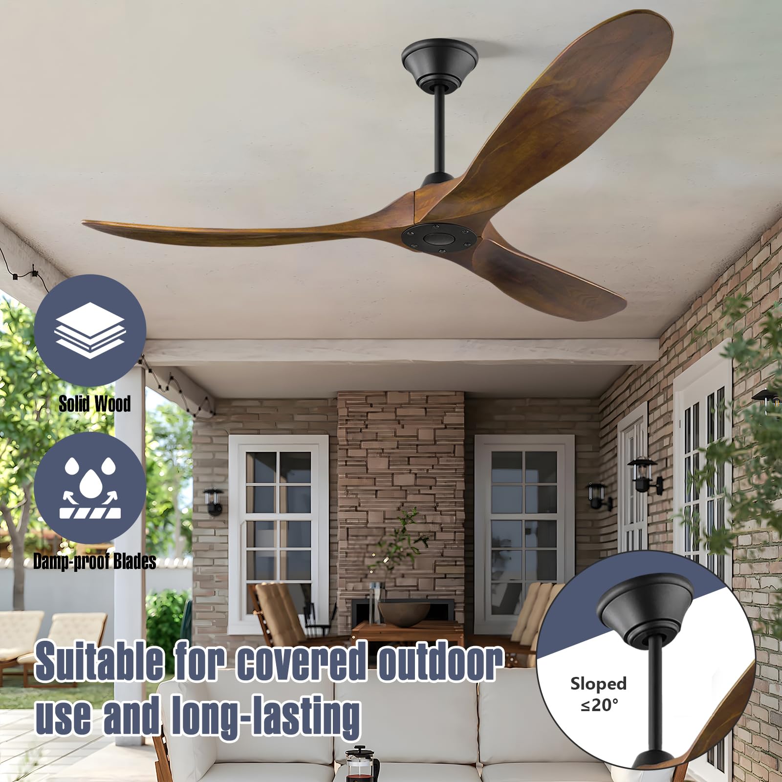 NWIASS 70 Inch Outdoor Ceiling Fans for Patios, Modern Ceiling Fan No Light with Remote Solid Wood Ceiling Fan Damp Rated, 3 Blade Large Ceiling Fan for Indoor High Low Sloped Ceiling, DC Ceiling Fan