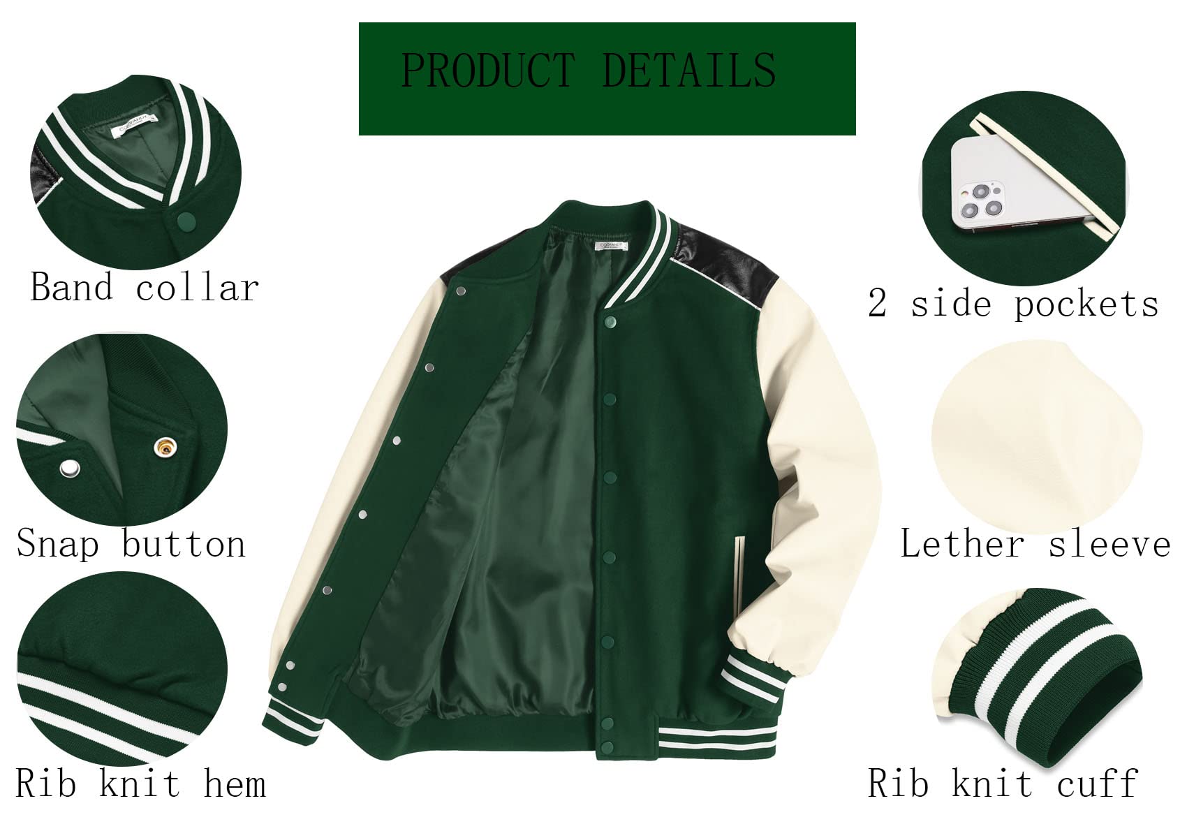 COOFANDY Mens Letterman Jackets Unisex Baseball Bomber Jacket Wool Faux Leather Coats Outwear Green Fall Jacket
