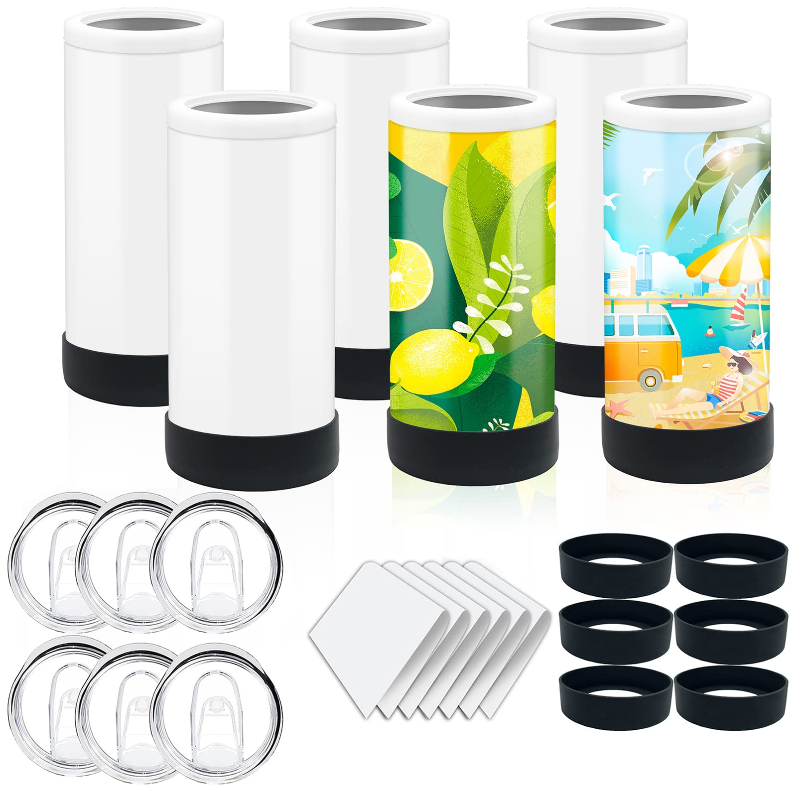 Ninth DIY Transfer Sublimation Blanks Can - 11 oz Stainless Steel Beer Can Insulated Cooler Beer Holder Sublimation Skinny Blanks Can with Splashproof Lid, Non-slip silicone Base