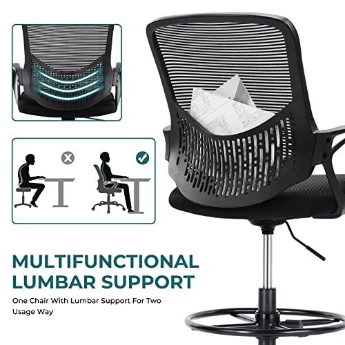 SMUG Tall Drafting, Standing, Counter Office, High Adjustable Ergonomic Mesh Computer Task Chairs with Lumbar Support, Armrests and Foot-Ring for Bar Height Desk, Black