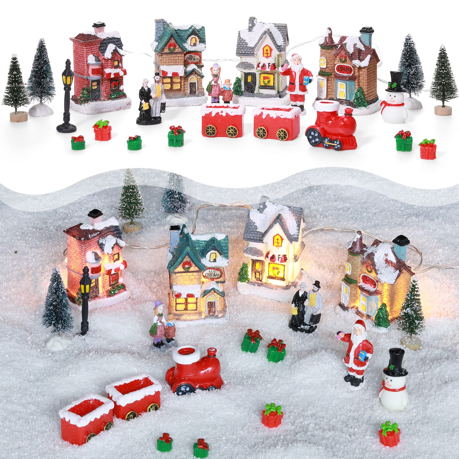 Yerliker Christmas Village Set LED Lights Houses with Figurines Battery Operated TZ0346