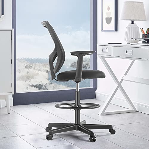 AFO Drafting Mid-Back Mesh Tall Office Stool Chairs with Armrest Adjustable Foot Ring for Standing Desk, Black