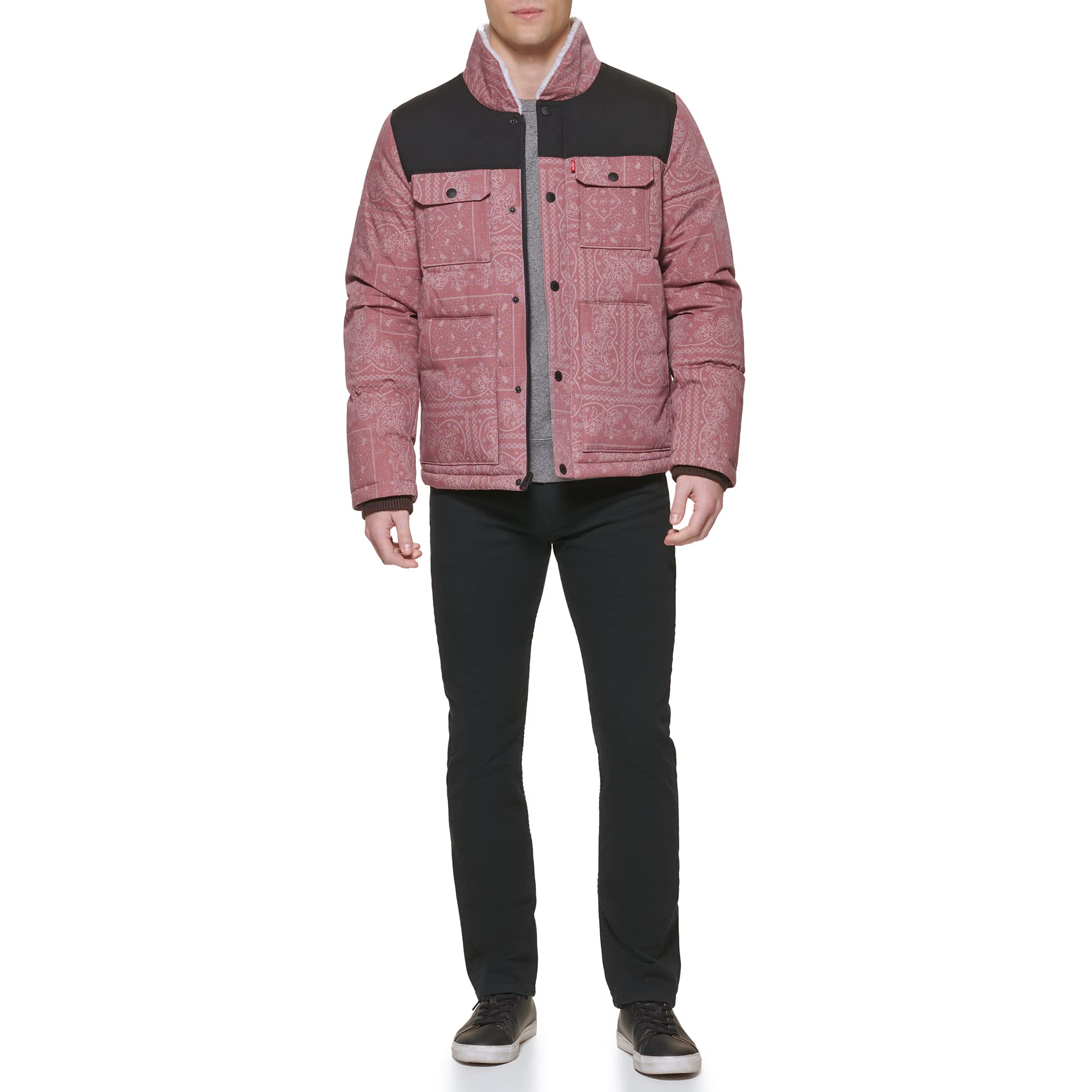 Levi's Men's Mixed Media Quilted Puffer Jacket with Sherpa Lined Collar (Regular and Big & Tall Sizes), Red Bandana Print, Small