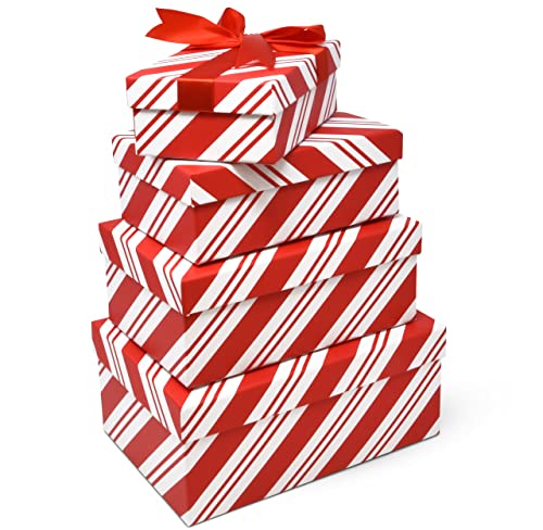 Gift Boutique 4 Christmas Gift Boxes Candy Cane Design Christmas Nesting Stacked Rectangle Boxes with Lids in Assorted Sizes for Holiday Decoration Decorative Present Wrapping