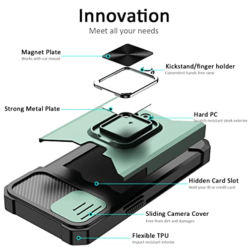 Nvollnoe for iPhone 13 Pro Max Case with Sliding Camera Cover and Card Holder Heavy Duty Protective for iPhone 13 Pro Max Case with Ring Magnetic Kickstand Phone Case for iPhone 13 Pro Max(Green)