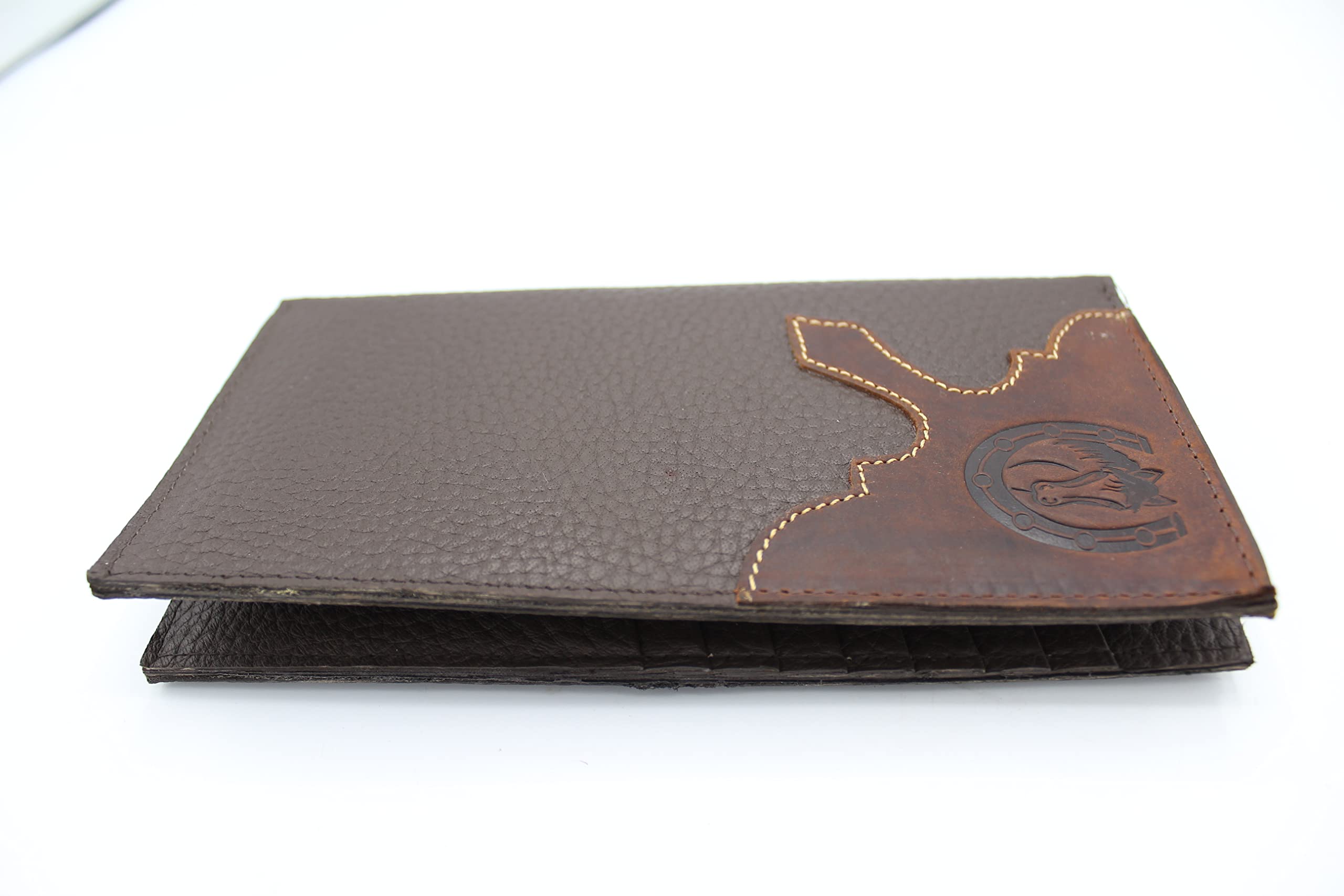 EastMeetsWest Western Dark Brown Hand Tooled Horse Head Horse Shoe Genuine Leather Bi-Fold Men's Rodeo Long Wallet