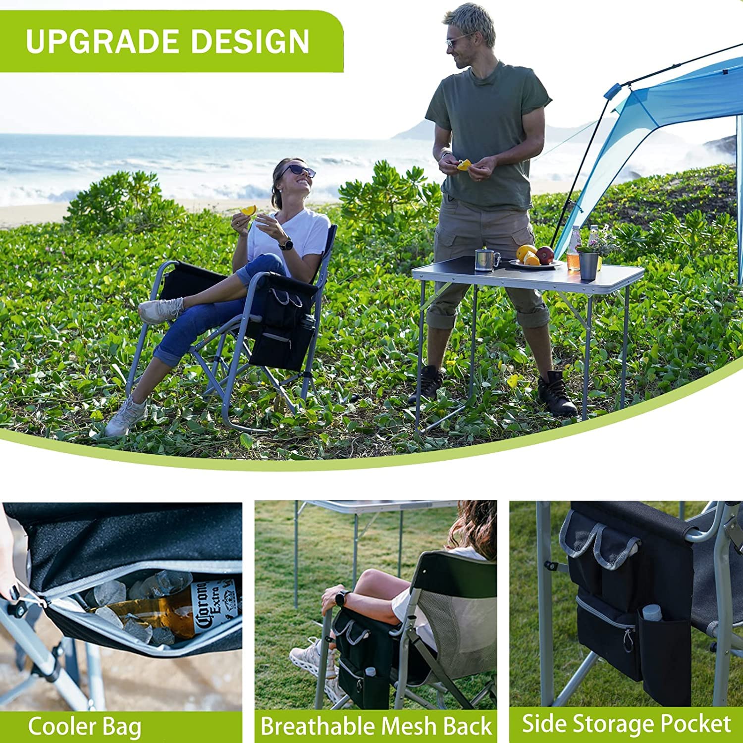 FUNDANGO Oversized Rocking Camping with Cooler Bag, Outdoor Folding Rocker Chair with Side Pocket for Travel, Picnic, Patio, Fishing Supports 300lbs Black&Grey