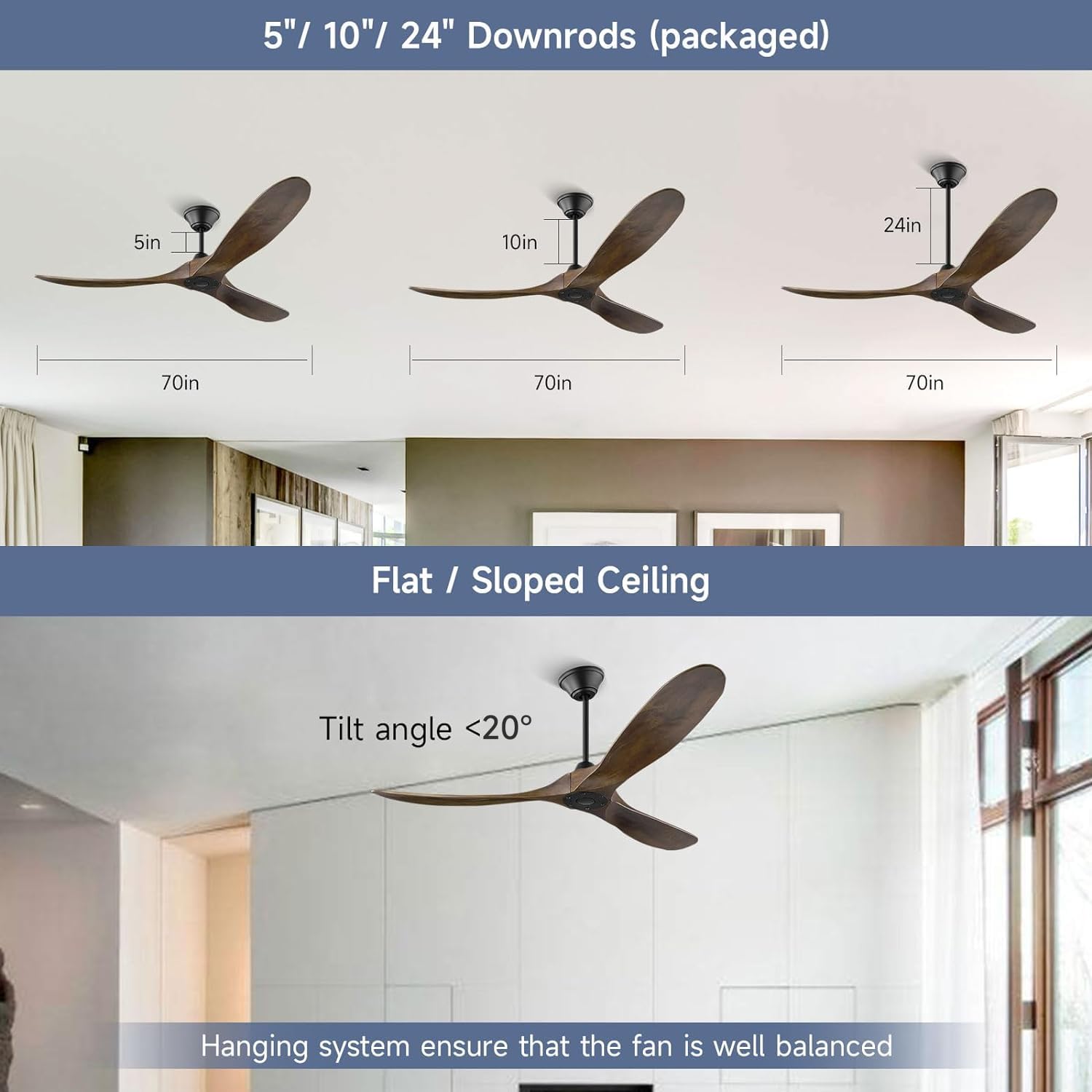 NWIASS 70 Inch Outdoor Ceiling Fans for Patios, Modern Ceiling Fan No Light with Remote Solid Wood Ceiling Fan Damp Rated, 3 Blade Large Ceiling Fan for Indoor High Low Sloped Ceiling, DC Ceiling Fan