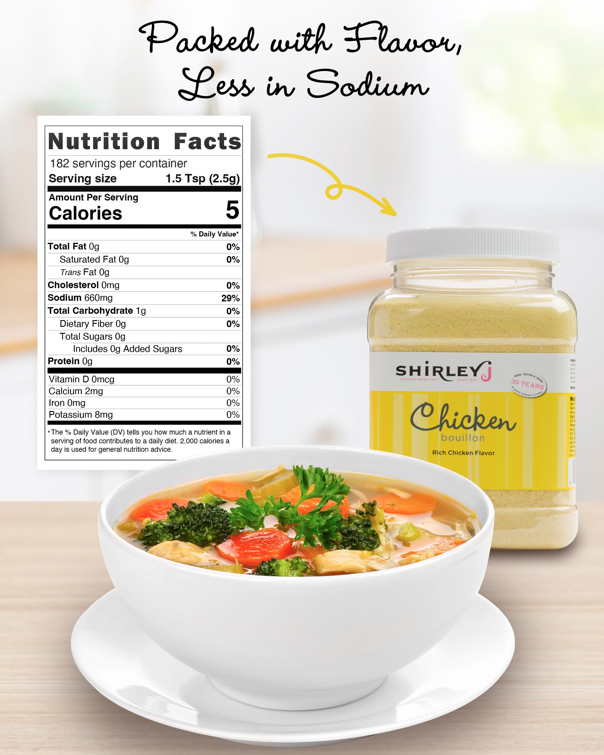 Shirley J Bouillon Powder - Rich, Concentrated, & Less Sodium Chicken Bouillon - Easy to Use Chicken Powder for Soup, Stew, Gravy, & More - 1 lb.