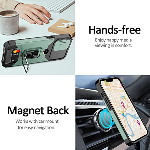 Nvollnoe for iPhone 13 Pro Max Case with Sliding Camera Cover and Card Holder Heavy Duty Protective for iPhone 13 Pro Max Case with Ring Magnetic Kickstand Phone Case for iPhone 13 Pro Max(Green)